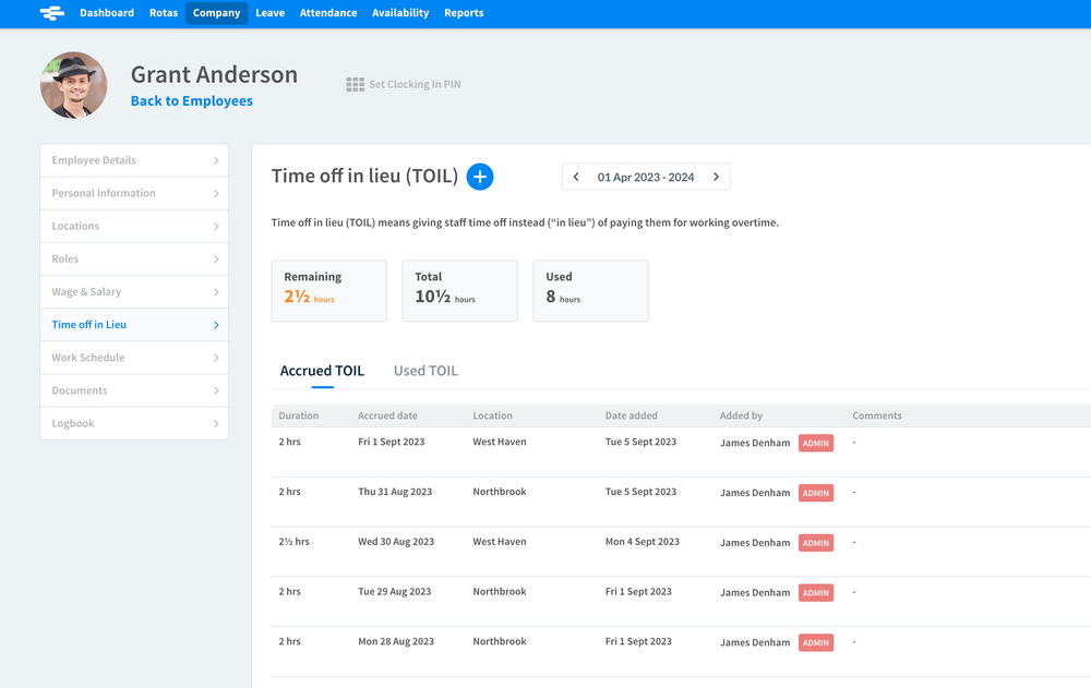 New feature: Time off in Lieu (TOIL)